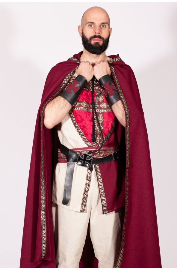 Medieval red cloak with coat of arms and hood for a medieval knight