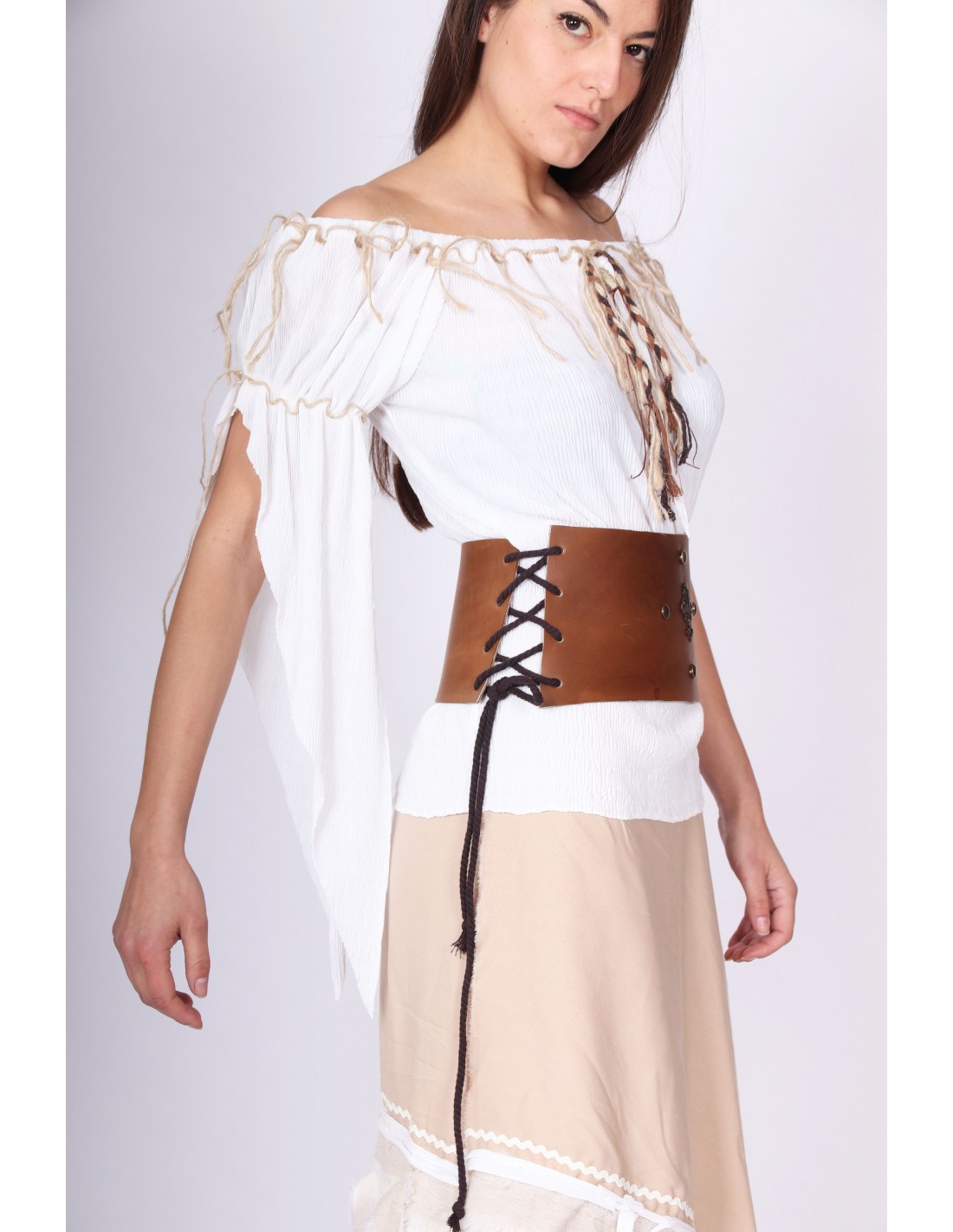 Brown leather medieval corset with carved Fleur de Lis